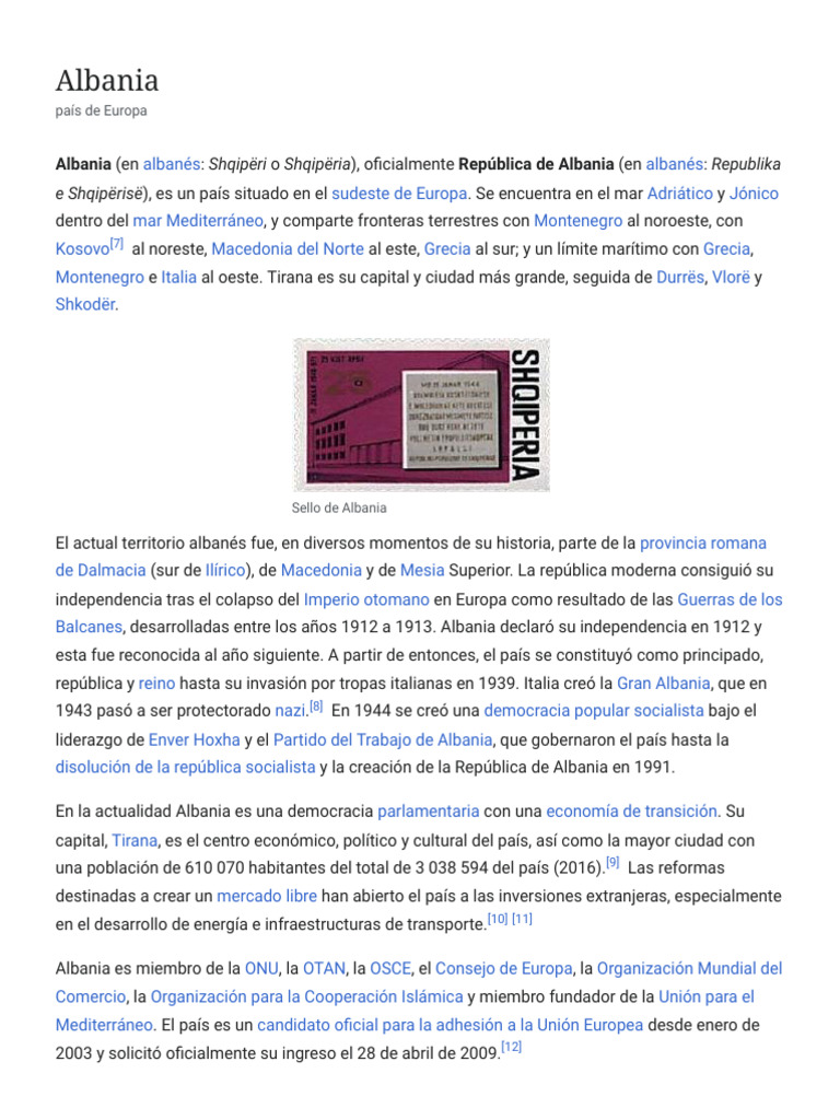 Albania - Wikipedia, La Enciclopedia Libre | PDF | Albania