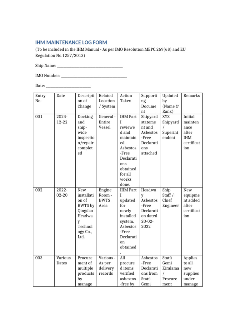 IHM Maintenance Log Form | PDF