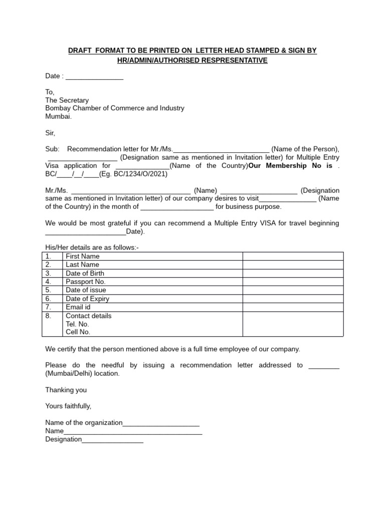 BCCI Business Visa LOR Application Format | PDF