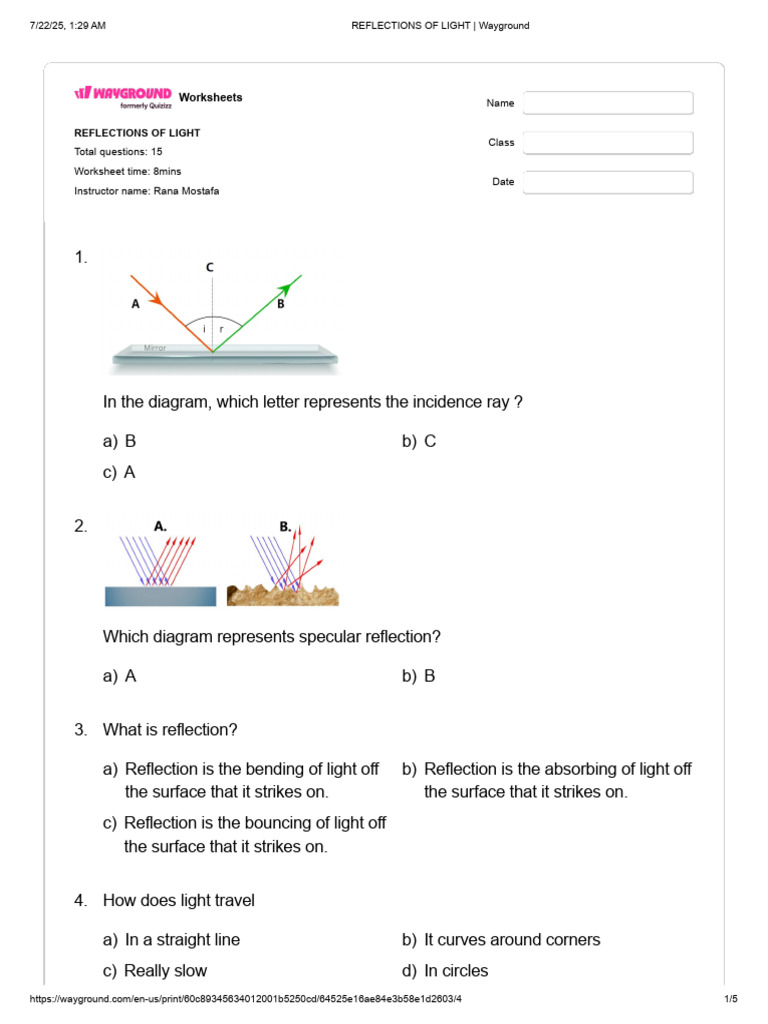 Reflections of Light Worksheet | PDF | Reflection (Physics) | Light