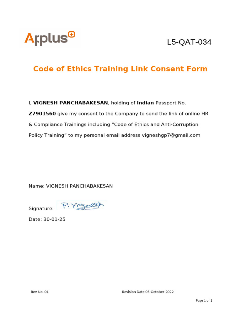 L5-QAT-034 - Code of Ethics Training Link Consent Form | PDF