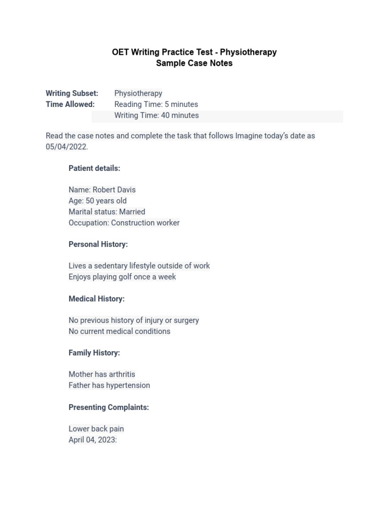 OET Writing Test for Physiotherapists | PDF | Physical Therapy | Pain