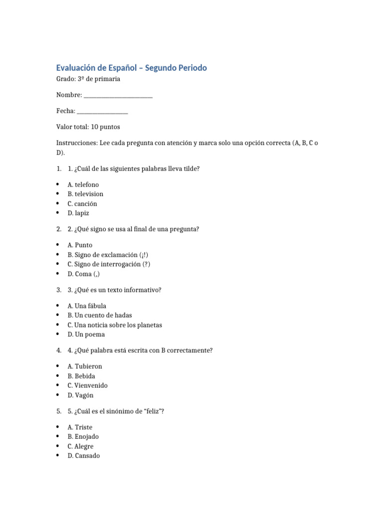Evaluacion - Espanol - 3ro - Segundo - Periodo Emiliano | PDF