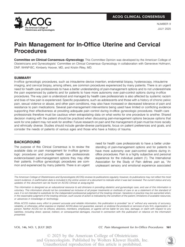 Pain Management For In-Office Uterine and Cervical Procedures - ACOG ...