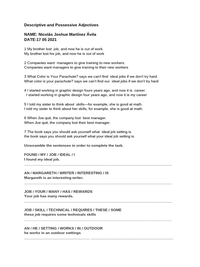 Descriptive Antd Possessive Adjectives | PDF