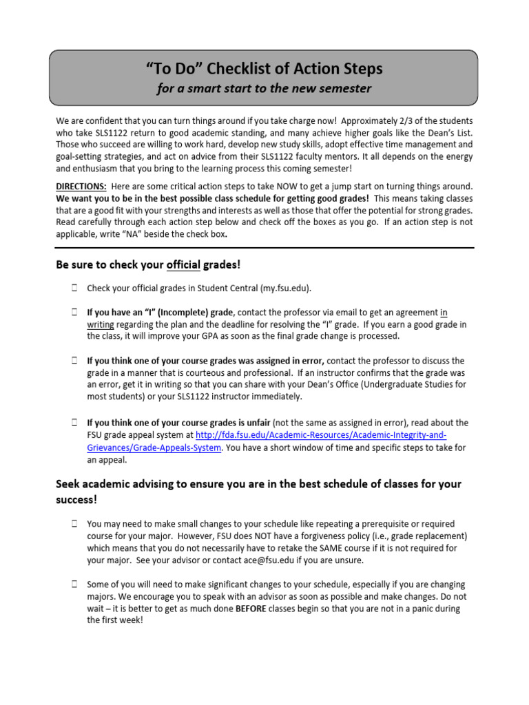 Semester Success Action Checklist | PDF | Goal Setting