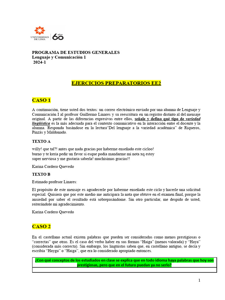 Ejercicios Preparatorios EE2 Ulima Lenguaje 1 | PDF | Mono | Mono