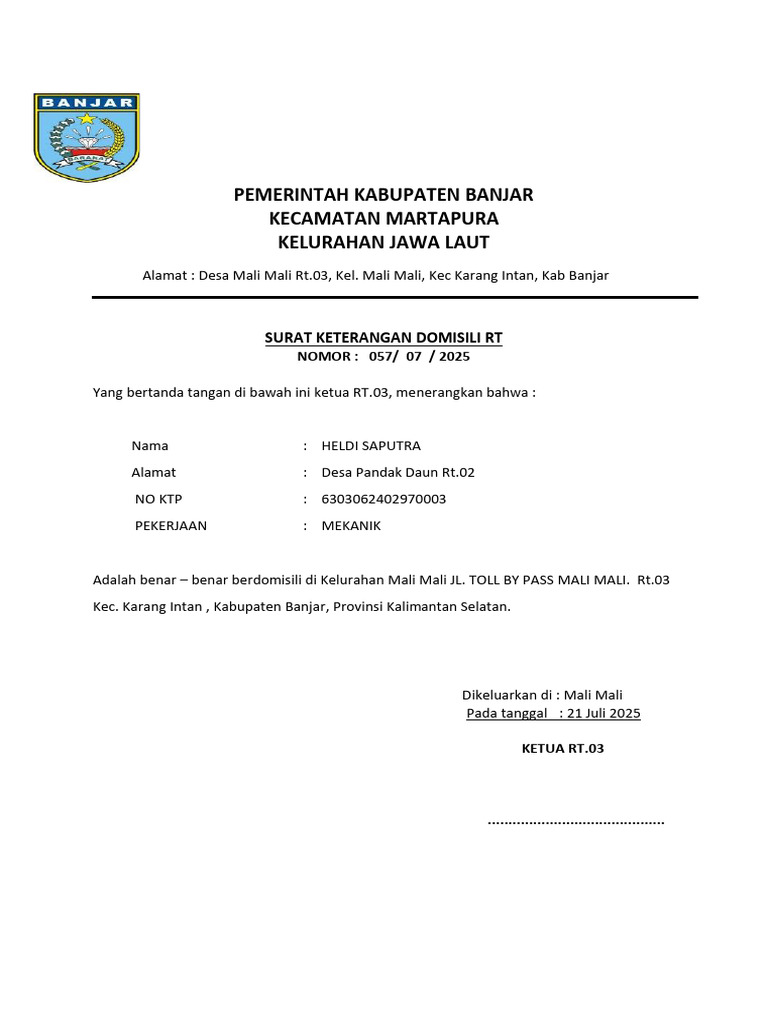 Surat Keterangan Domisili Heldi Saputra | PDF
