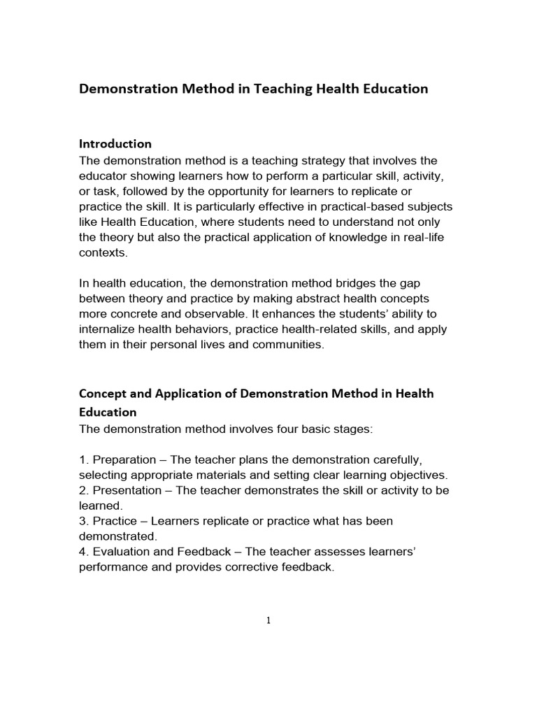 Demonstration Method in Health Education | PDF | Learning | Learning ...