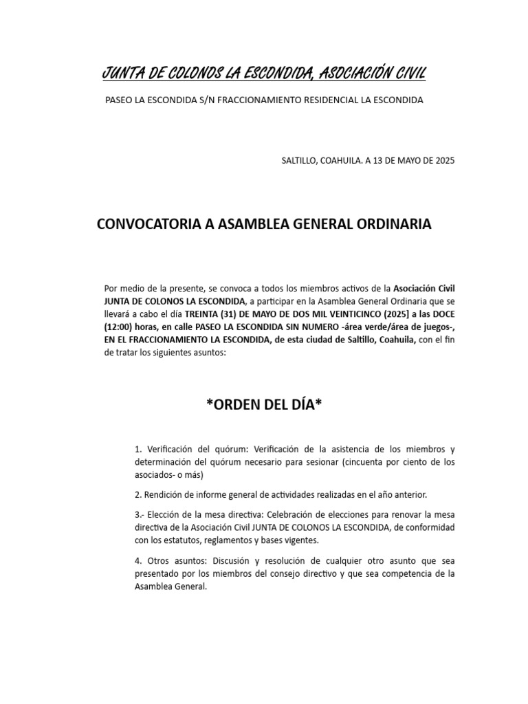Convocatoria Asamblea Junta Colonos 2025 | PDF | Gobierno