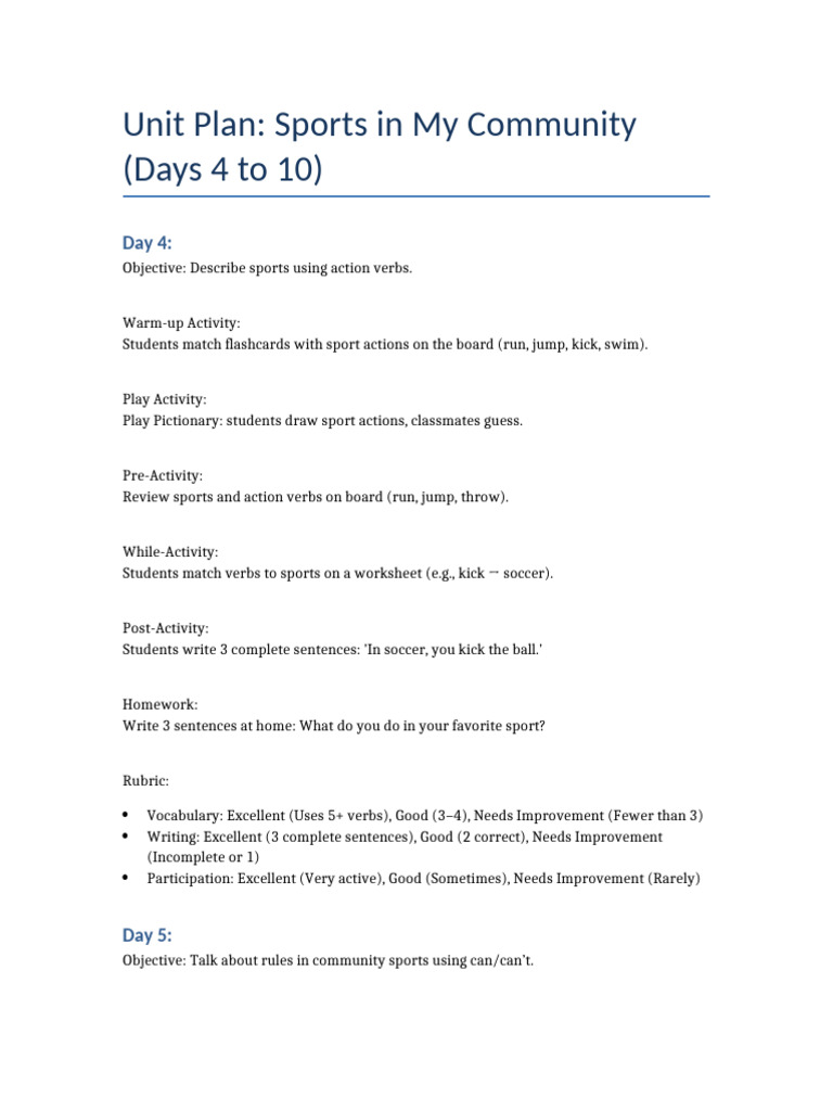 Sports Unit Plan for Community Engagement | PDF | Vocabulary | Human ...