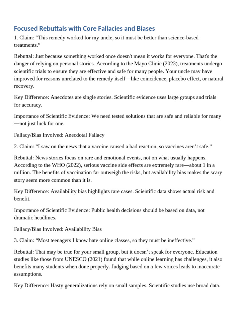 Focused Rebuttals On Common Fallacies | PDF | Science | Evidence Based Medicine