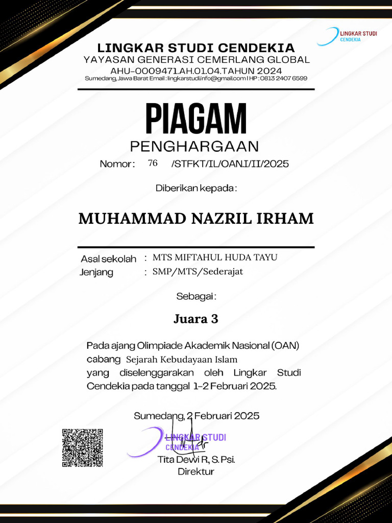 E Piagam Penghargaan OAN | PDF