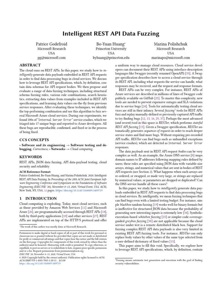Intelligent Fuzzing for REST APIs | PDF | Software Engineering | Computing