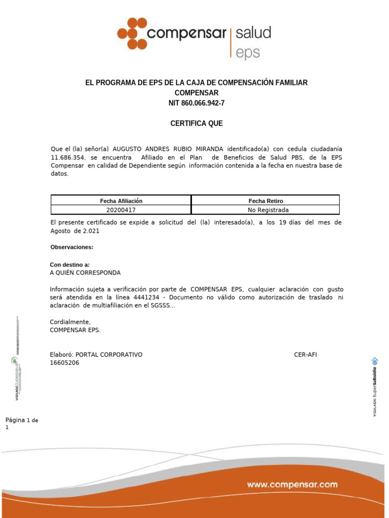 Certificado Eps Compensar | PDF