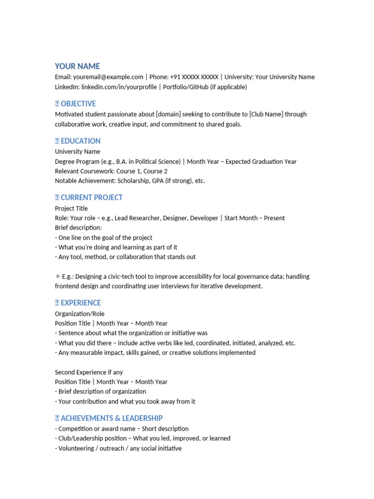 College Club CV Template for Students | PDF