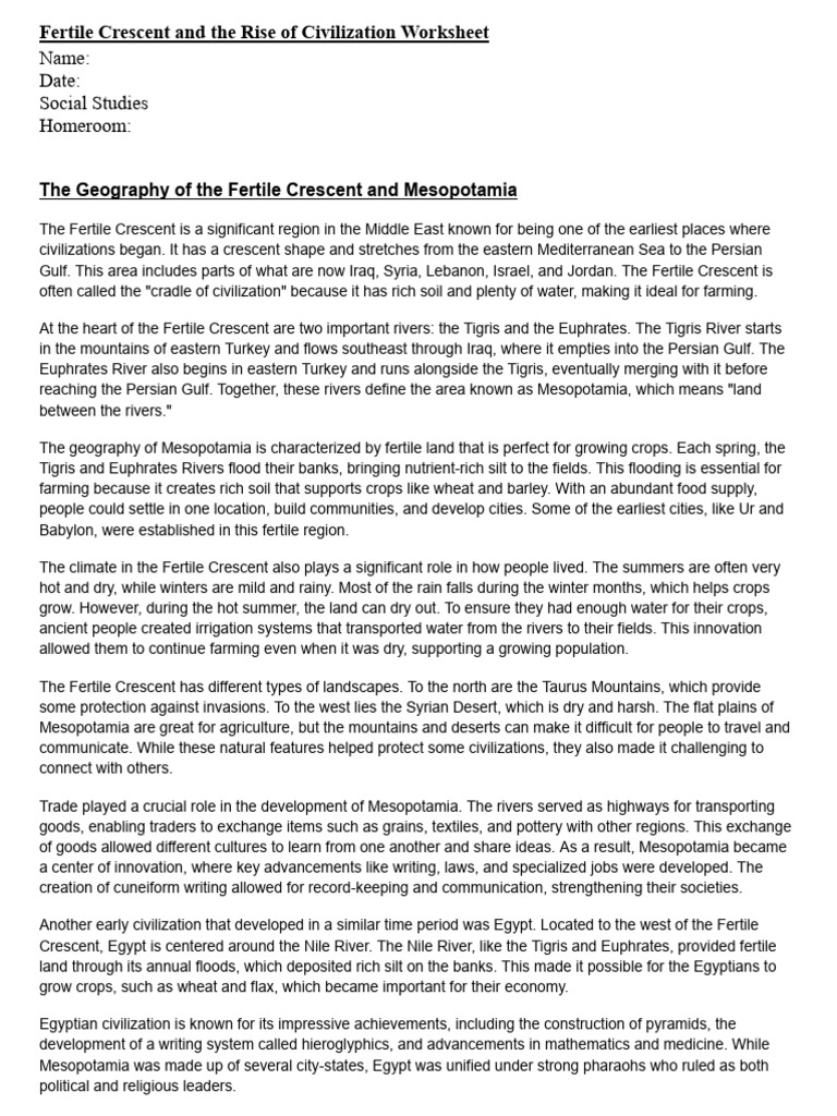 Fertile Crescent and The Rise of Civilization Worksheet | PDF | Fertile ...