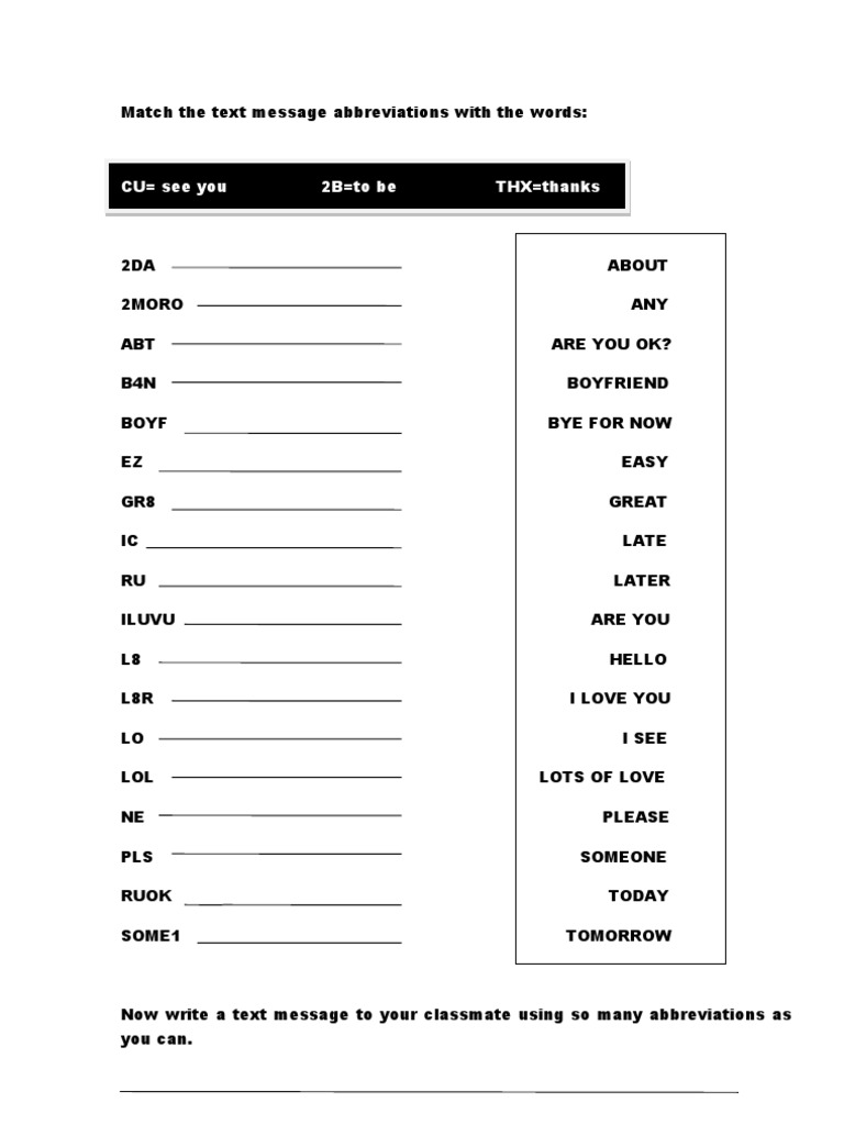 Match The Text Message Abbreviations With The Words | PDF | Foreign ...