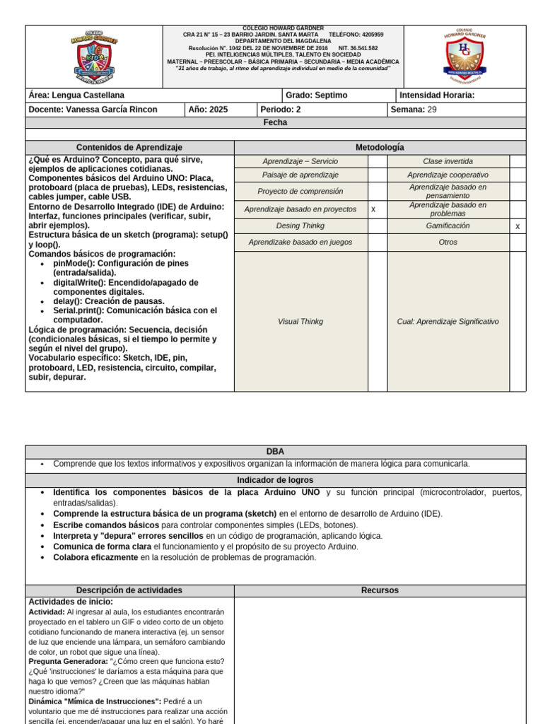 PLANEADOR DE CLASE Septimo Introducion A La Programación Del Arduino Uno | PDF | Arduino ...