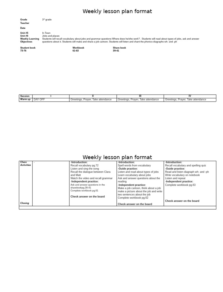 Lesson Plan Format 2023-2024 3rd Grade | PDF | Vocabulary | Learning ...