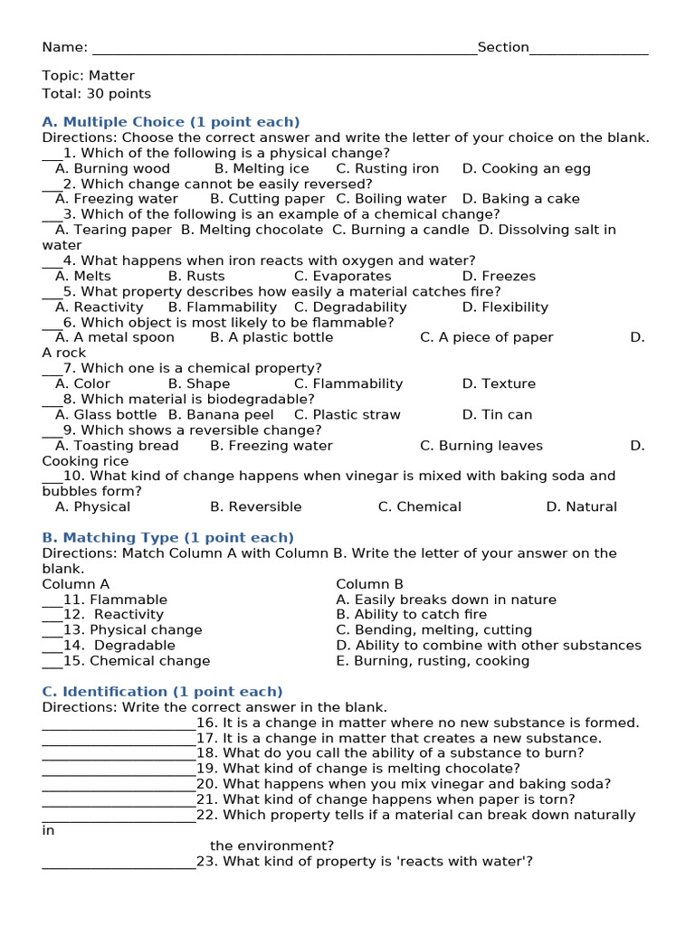 Grade 4 Science Quiz - Physical and Chemical Changes | PDF | Water ...