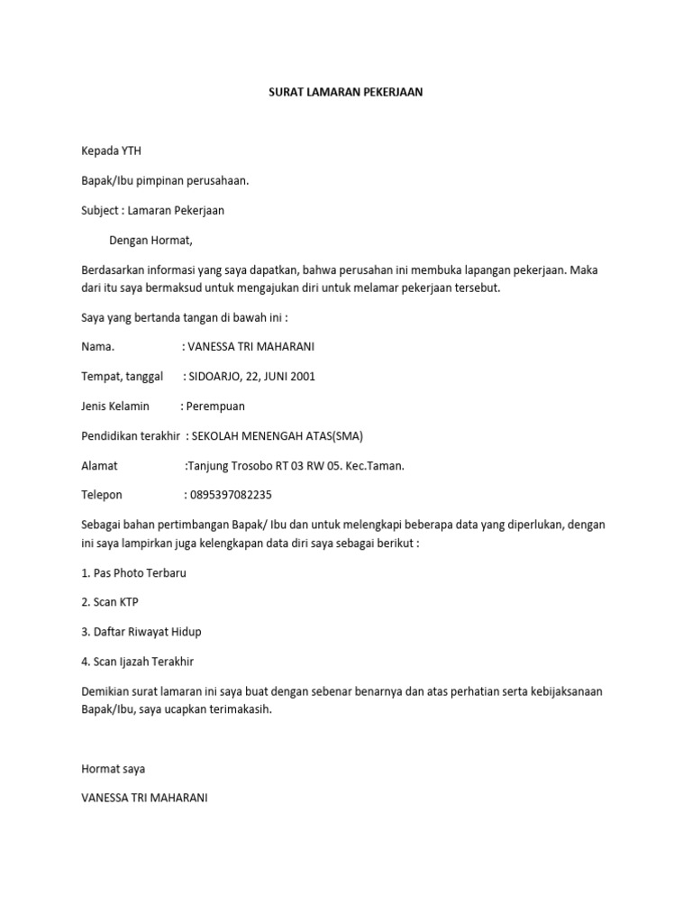Lamaran Pekerjaan Vanessa Tri Maharani | PDF