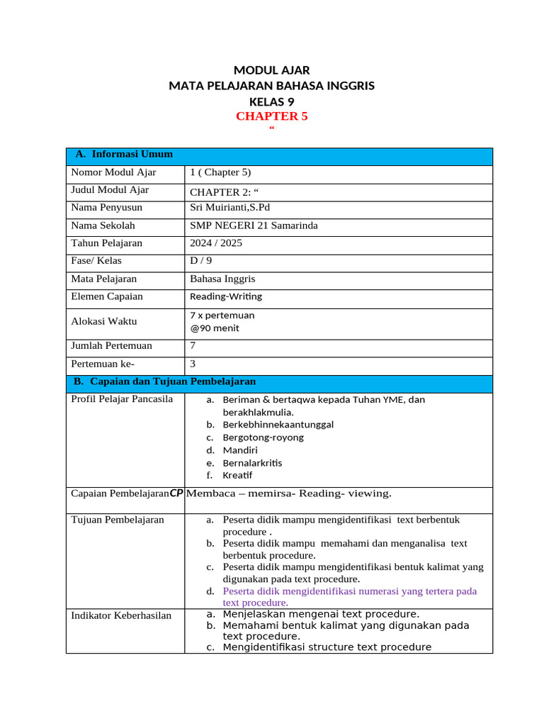 Modul Ajar Chapter 5 PMM Procedure Text 2024 Febuari | PDF