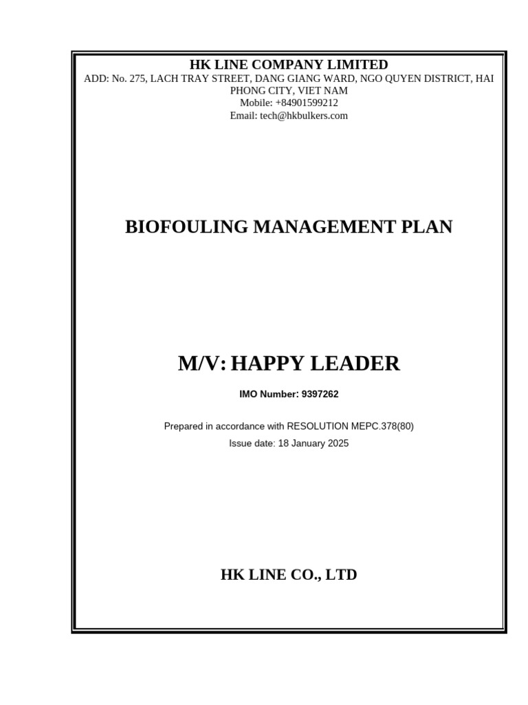 Biofouling Management Plan for HAPPY LEADER | PDF | Ships