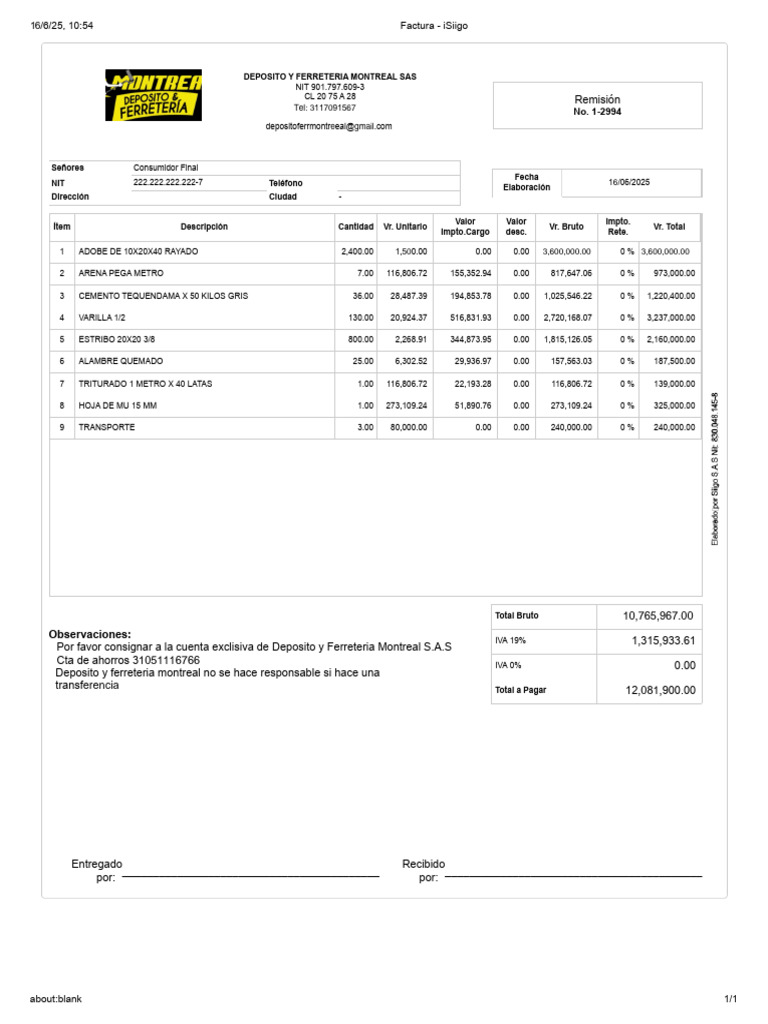 Factura de Compra - Ferretería Montreal | PDF