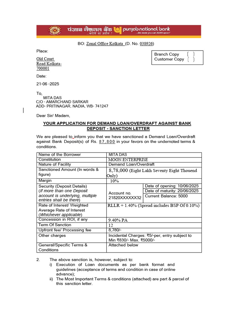 MITA - Sanction Letter PNB | PDF | Banks | Loans