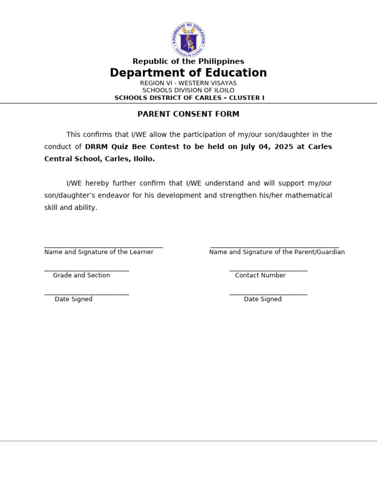 Math Quiz Bee Parent Consent | PDF