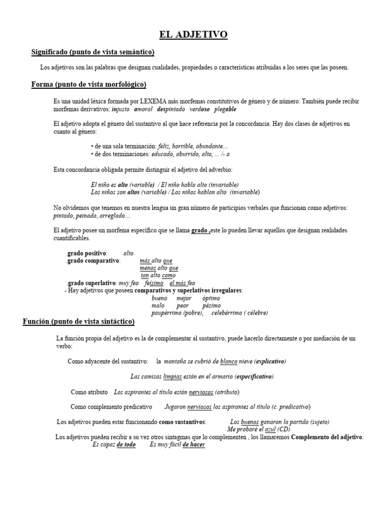 El Adjetivo | PDF | Adjetivo | Numero Gramatical