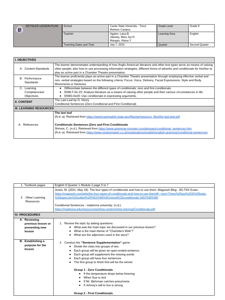 Last Leaf Lesson Plan for Grade 9 | PDF | Learning