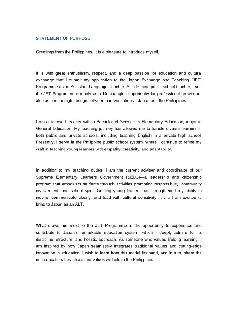 Statement of Purpose JET Program | PDF | Teachers | Philippines