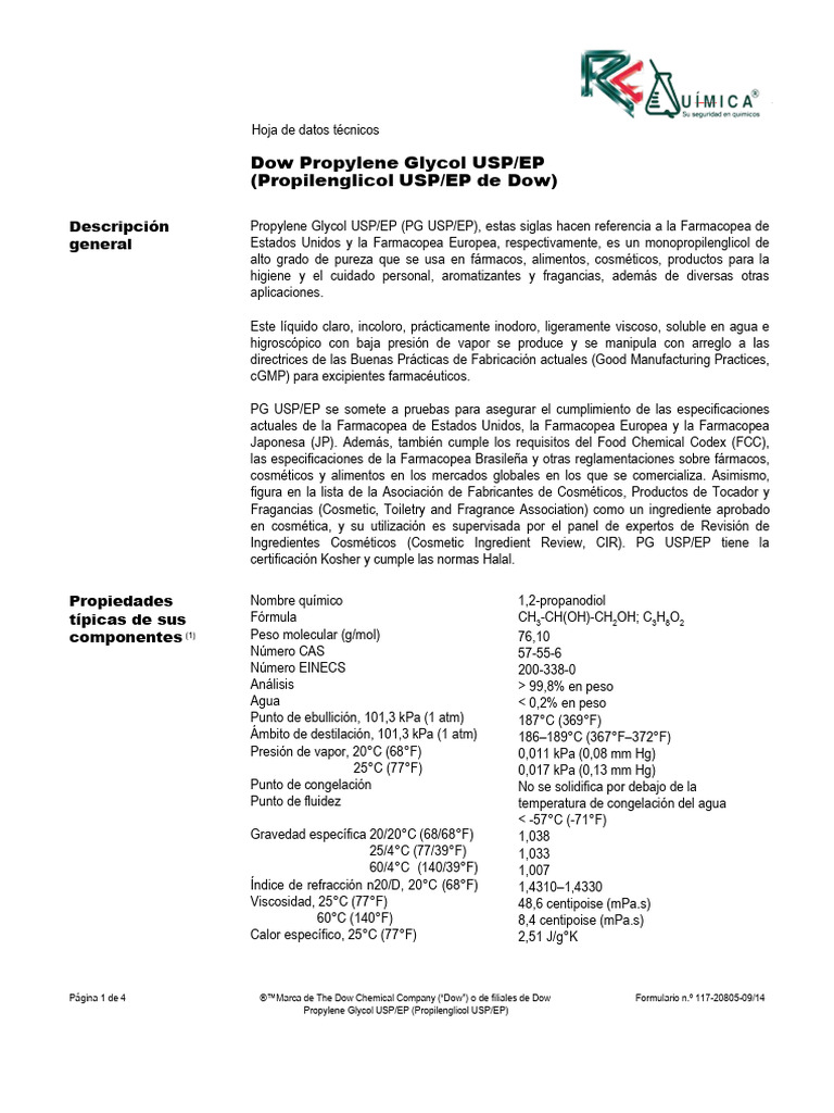 Ficha Técnica de Propilenglicol USP/EP | PDF