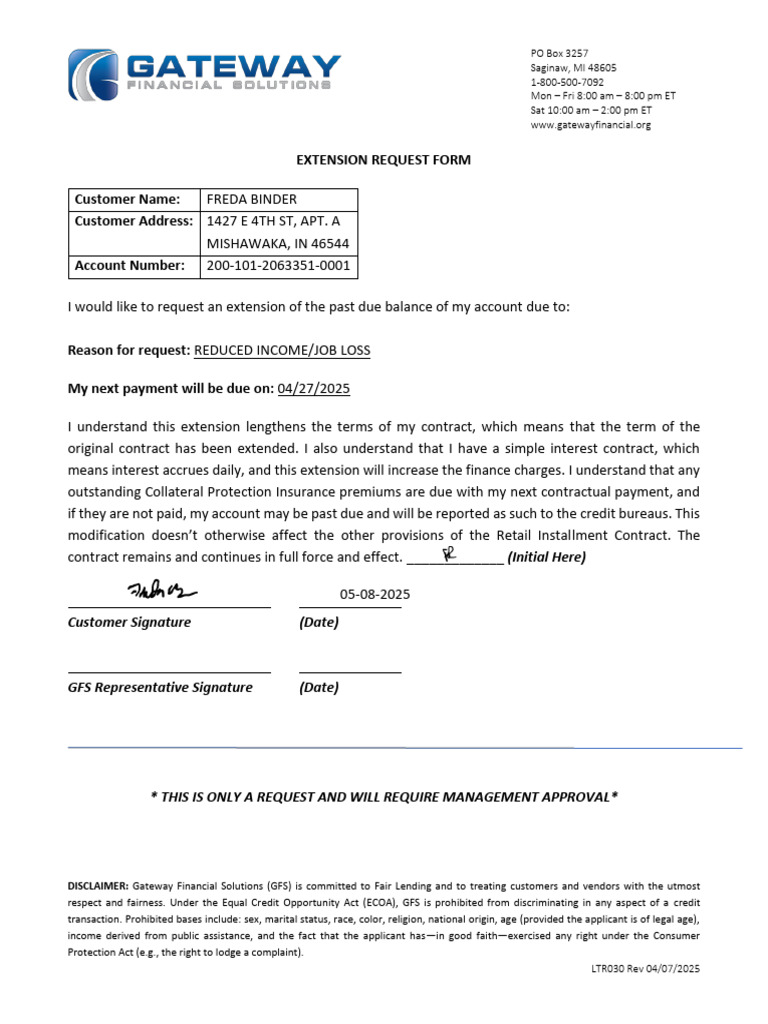 Extension Request Letter | PDF | Credit | Finance & Money Management