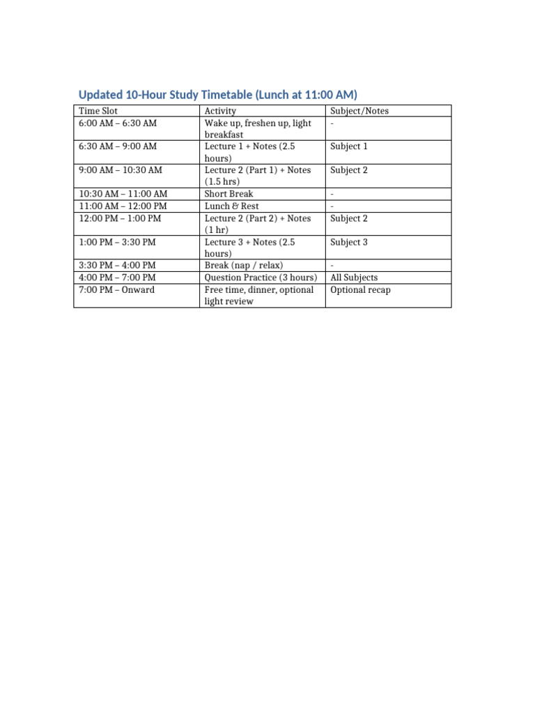 Updated 10 Hour Study Timetable Lunch 11AM | PDF