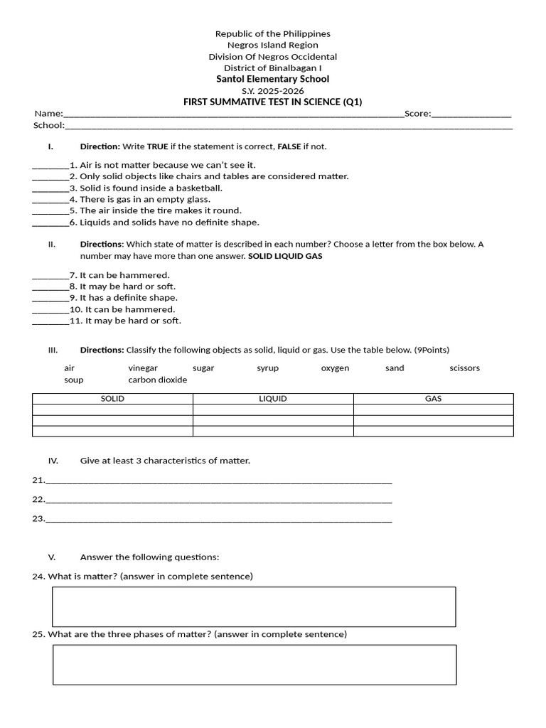 First Summative Test in Science 2025-2026 | PDF