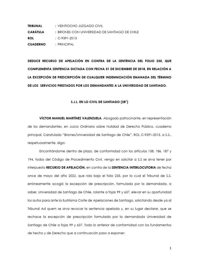 Apelación Incidental - Briones Con Usach | PDF | Sentencia (ley) | Apelación