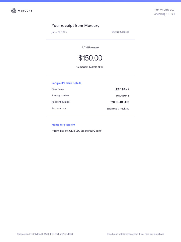 Mercury Ach Receipt 2025-06-25 Bb3f | PDF