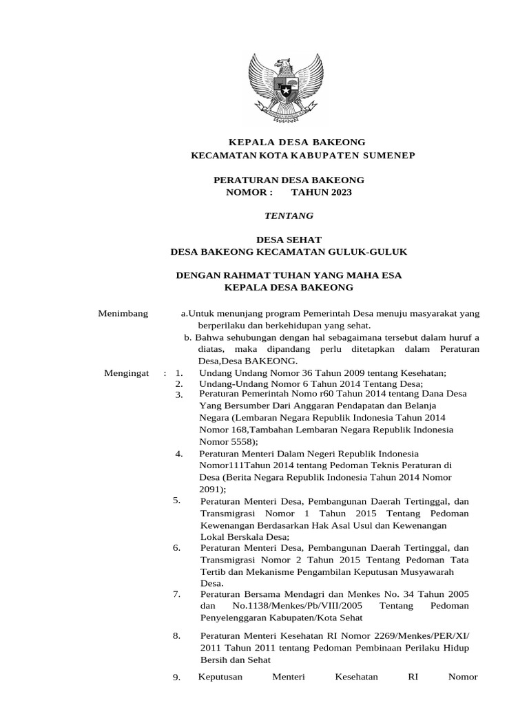 Contoh Perdes Desa Sehat | PDF
