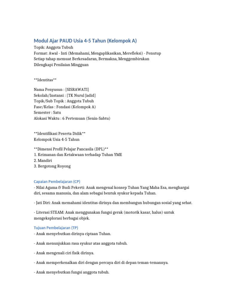 Modul Ajar PAUD Topik Anggota Tubuh Revisi Final | PDF