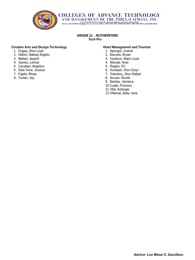 GRADE 11 - Rutherford List of Students | PDF