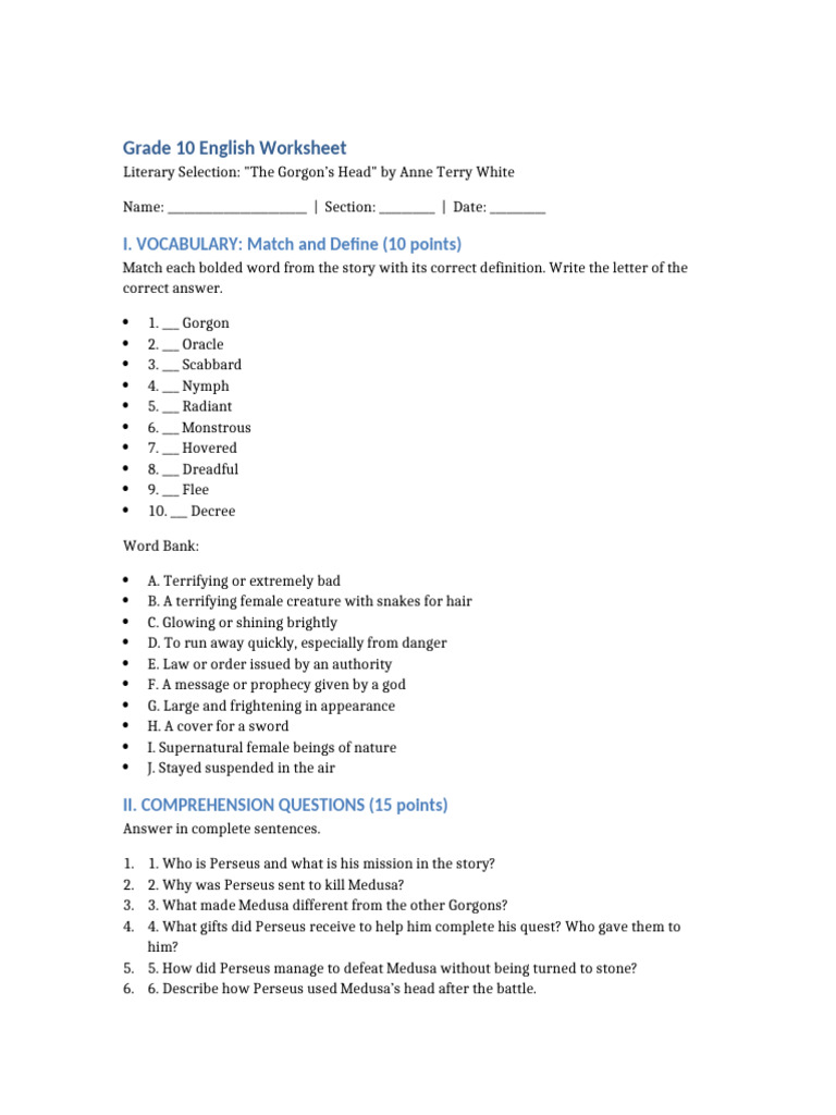 Grade 10 English: Gorgon’s Head Worksheet | PDF