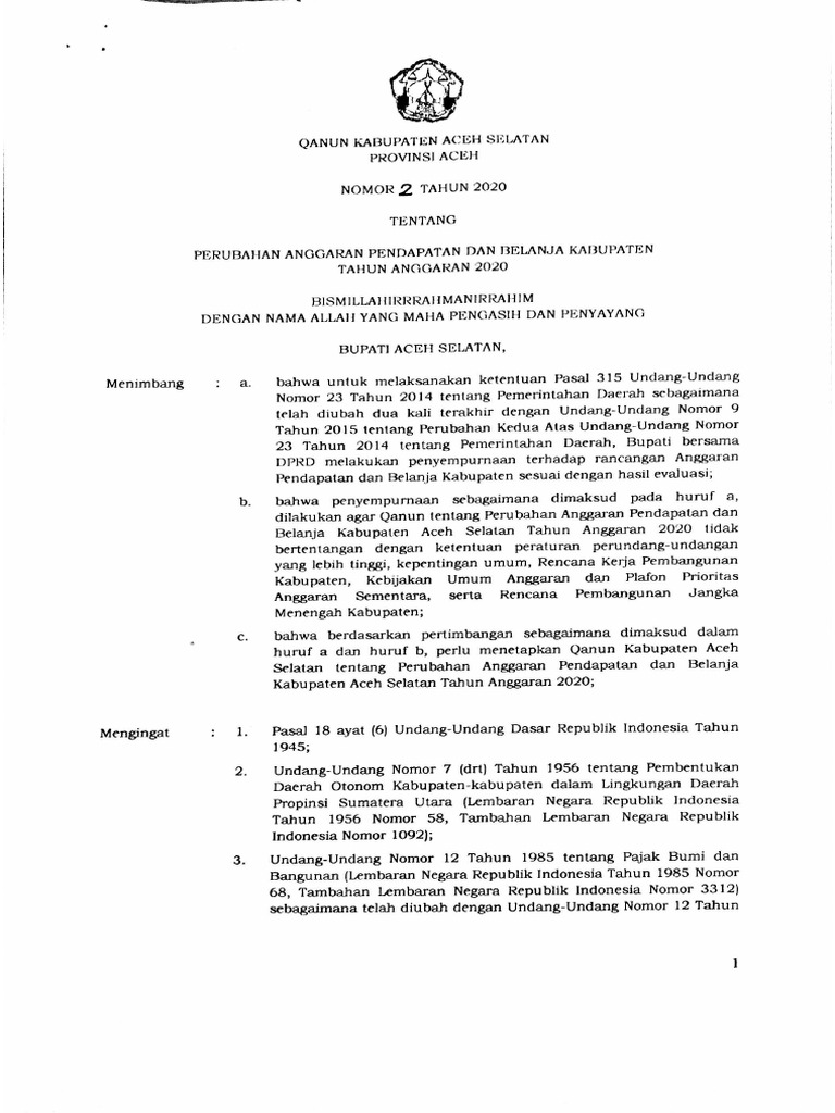 Qanun Kab No 02 Tahun 2020 Tentang Perubahan Anggaran Pendapatan Dan ...