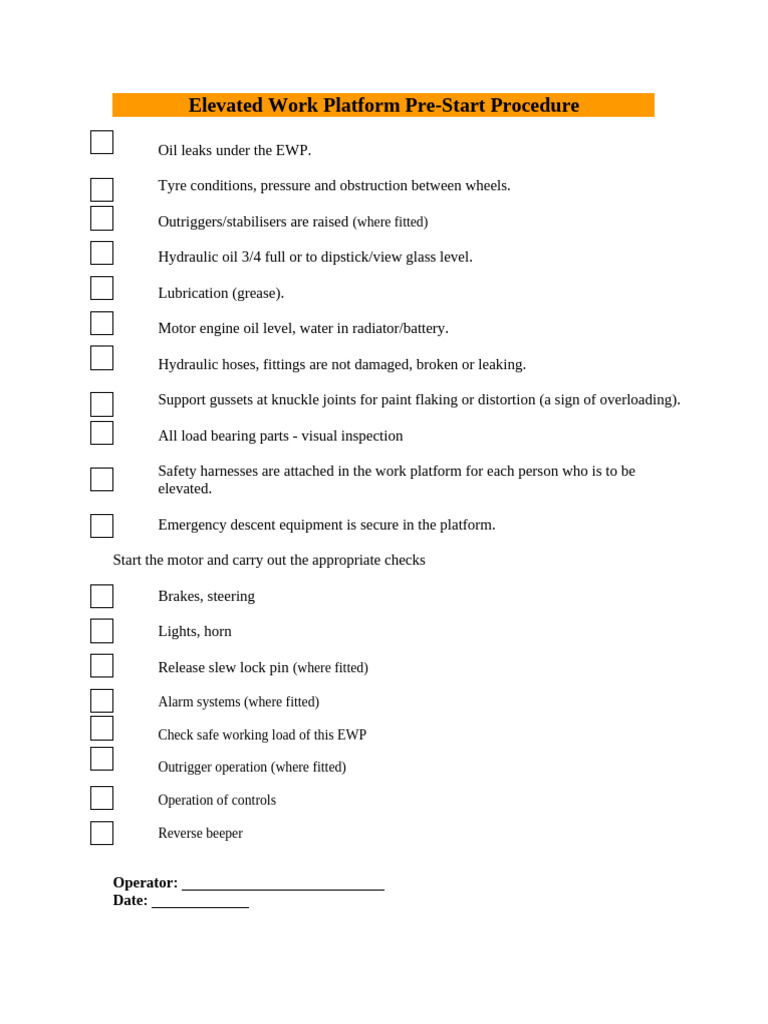EWP Pre-Start Safety Checklist | PDF