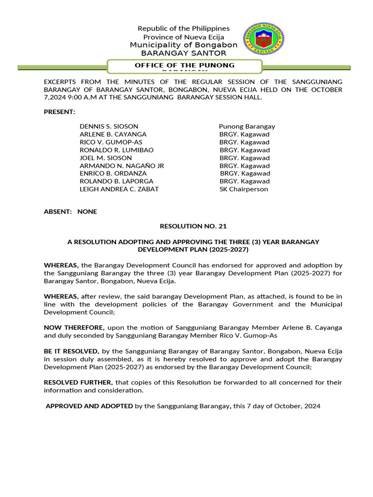 Brgy Reso Approving The BDP | PDF