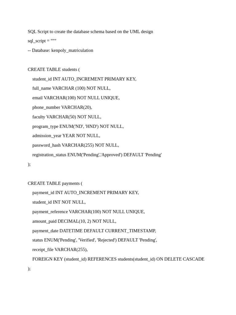 SQL Script To Create The Database Schema Based On The UML Design | PDF