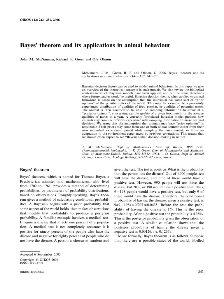 Applications of Bayes' Theorem in Animal Behavior | PDF | Foraging ...