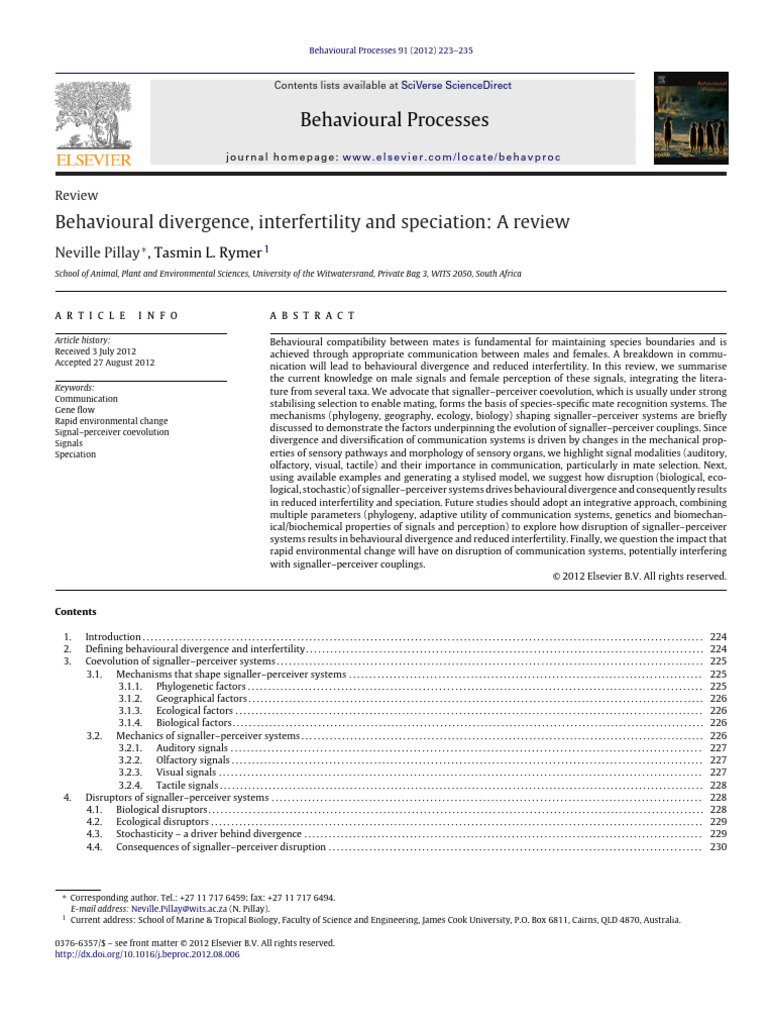 Behavioural Divergence, Interfertility and Speciation. A Review - Pillay 2012 | PDF | Evolution ...